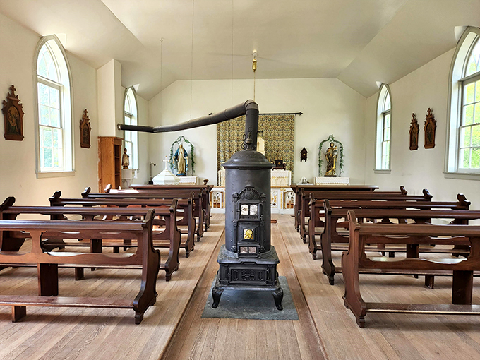 Holy smokes! This quaint chapel's pot-bellied stove kept parishioners toasty while they prayed for a bountiful harvest.