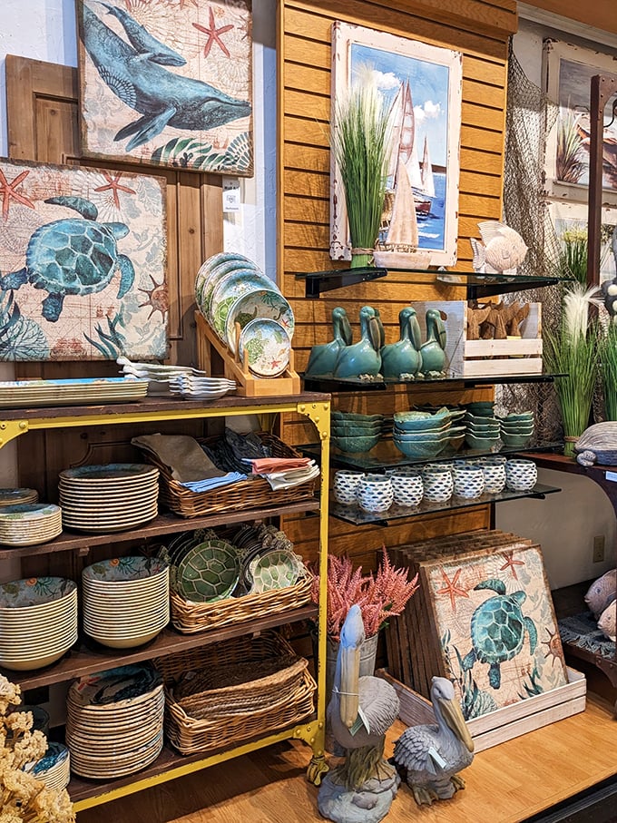 Coastal vibes in the Midwest! This nautical-themed display is bringing beach dreams to landlocked Minnesota. Who needs an ocean when you've got ceramic seagulls?