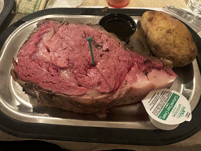 Behold, the king of the Midwest! This prime rib is so massive and juicy, it could solve California's drought problem.