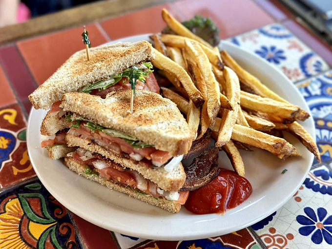 Sandwich perfection achieved! It's stacked higher than your grandpa's stories and twice as satisfying. Don't forget the crispy fries on the side.