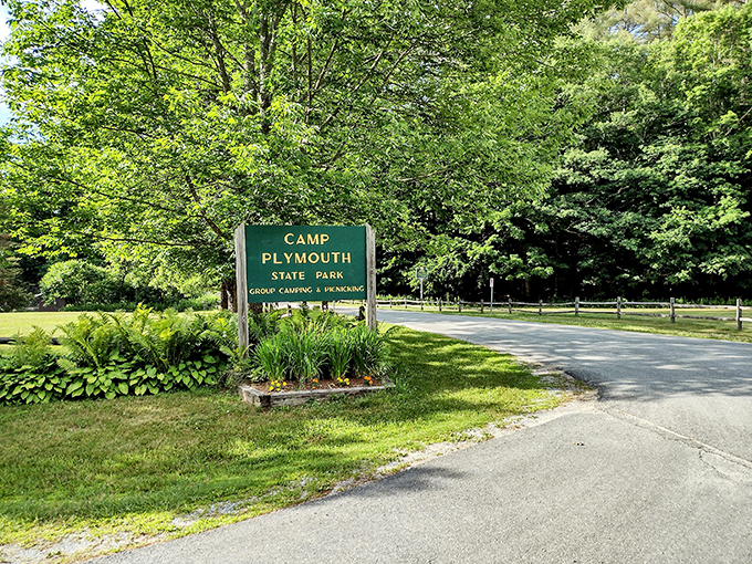 Welcome to Camp Plymouth State Park, says the sign. But really, it's saying, "Welcome to your next favorite place in Vermont." Time to make some memories!