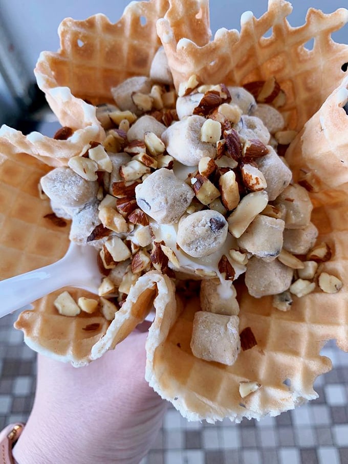 Waffle cone wonderland! It's not just a cone, it's an edible work of art topped with nature's candy and a sprinkle of joy.