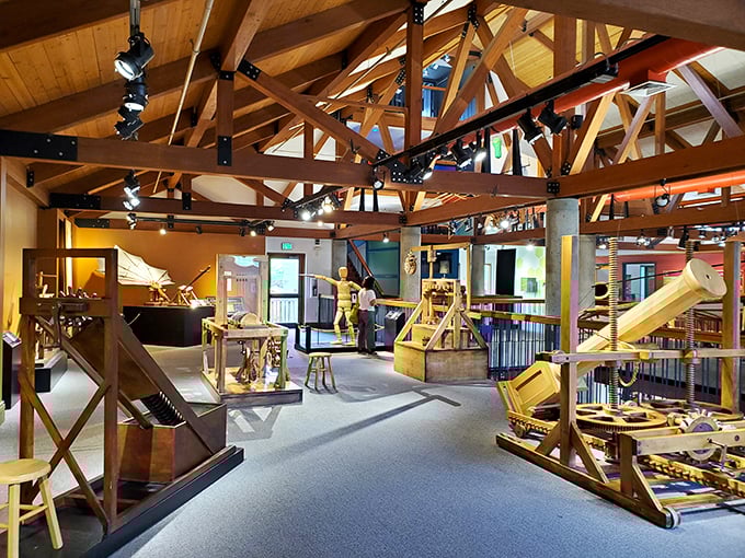 Leonardo da Vinci meets Lego in this wooden wonderland. Budding engineers and artists alike find inspiration in these intricate creations.