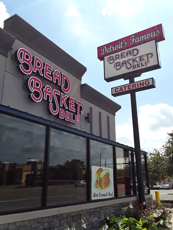 Sandwich central, straight ahead! Bread Basket's bold signage is a beacon for hungry travelers.