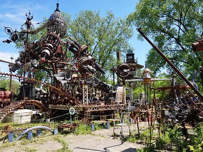 Junk yard dogs, rejoice! This metallic marvel is the perfect pit stop for those who dream in gears and steam.