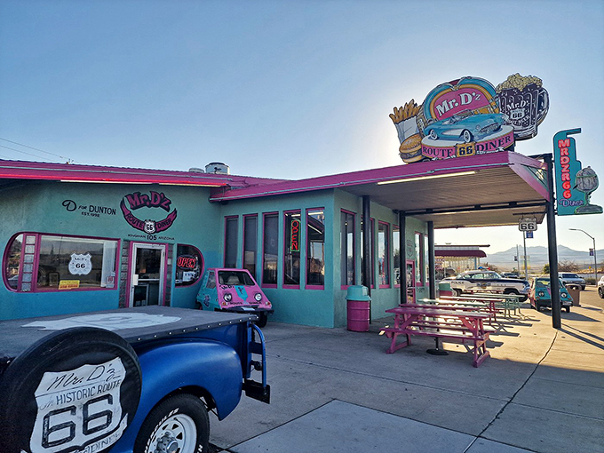 Pink paradise! This retro diner is serving up nostalgia with a side of neon and a generous helping of charm.