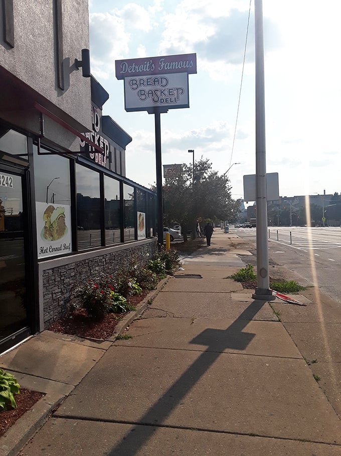 Hot sandwich alert! Bread Basket's window art promises a warm welcome and even warmer eats.