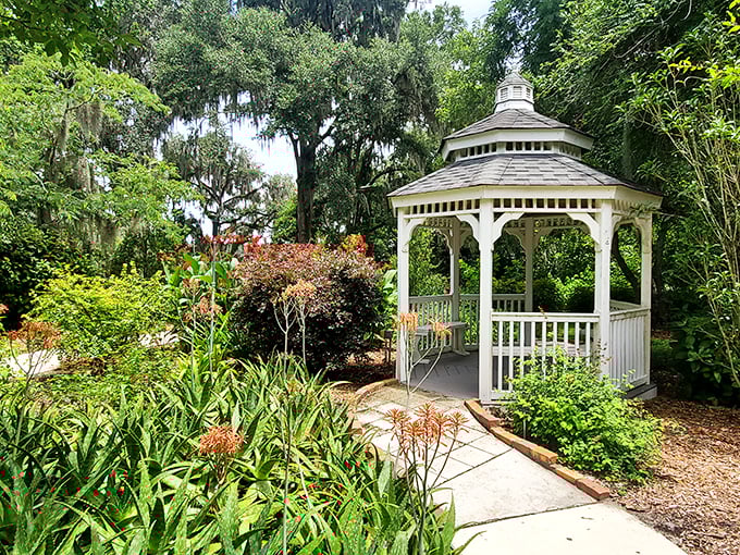 Red bridge to paradise? This zen-inspired walkway leads to tranquility... or possibly a really good hiding spot from the grandkids.