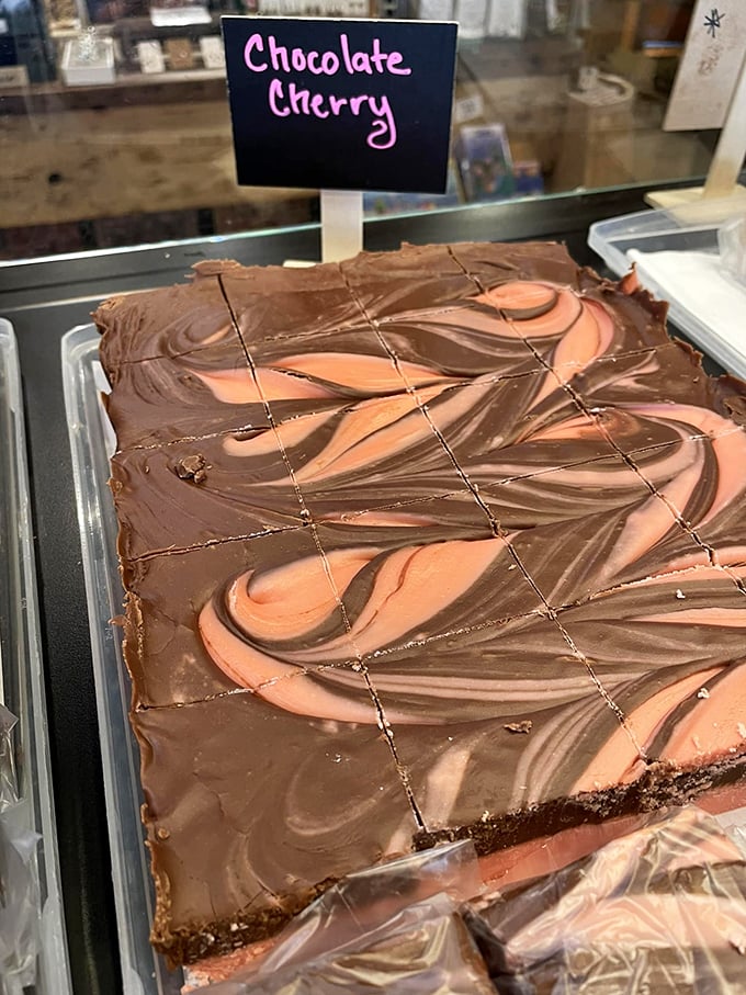 Chocolate Cherry fudge: where cocoa dreams and fruit fantasies collide. It's like Black Forest cake decided to let its hair down and party.