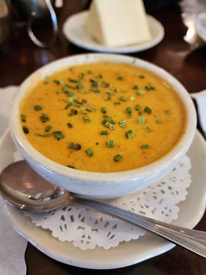 Liquid gold in a bowl! This cream of lobster soup looks smoother than a jazz saxophonist on a moonlit night.