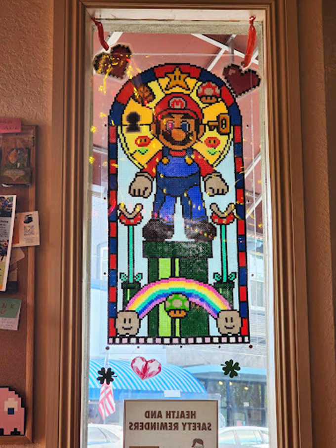 It's-a me, Mario! This stained glass homage proves that pixelated plumbers can be high art too.