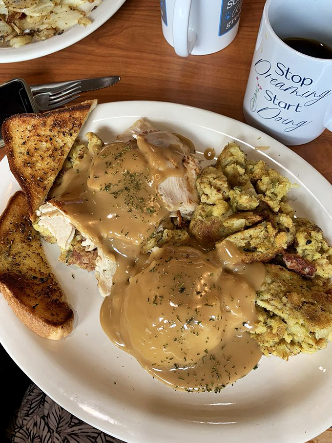 Thanksgiving called, it wants its plate back! This turkey platter is piled higher than your aunt's hair at a '60s sock hop. Comfort food that'll make you want to nap like it's post-holiday football.