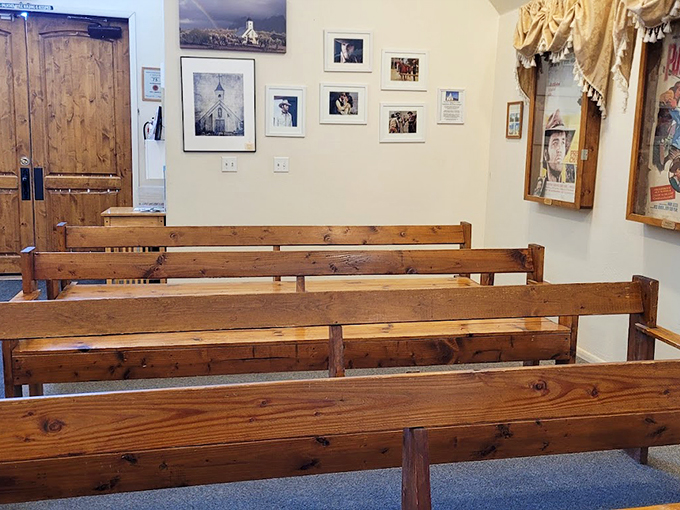 Pews with a view: These wooden benches have witnessed more impromptu hip swivels than a 1950s sock hop, all while facing the altar of the King.