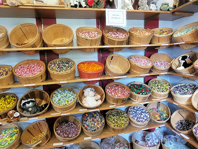 Candy cornucopia! These baskets overflow with a kaleidoscope of sweets, like nature's bounty reimagined by a sugar-crazed artist.