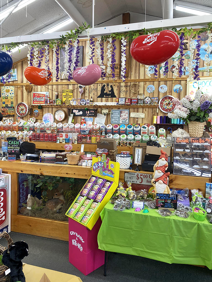 Jelly Belly balloons float above a sea of confectionery wonders. It's like Pixar's "Up," but with less talking dogs and more sugar rush.