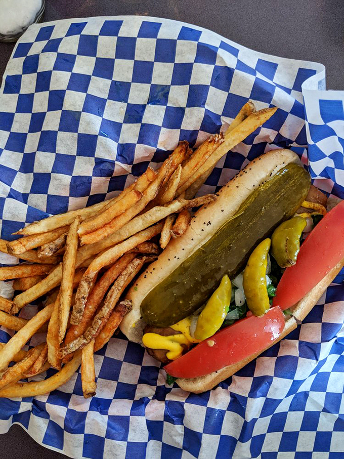 The Chicago-style hot dog: a work of art on a bun. It's like the Picasso of street food, with every topping precisely placed for maximum deliciousness.