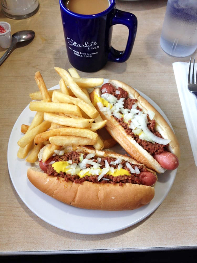 Double trouble never looked so good. These Coney dogs are the Bonnie and Clyde of comfort food – irresistibly bad for you.