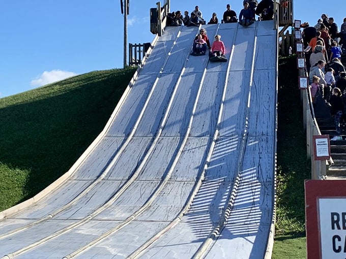 Thrills and spills on Wooster's giant slide. It's like a roller coaster met a Slip 'N Slide and decided to settle down in Ohio.
