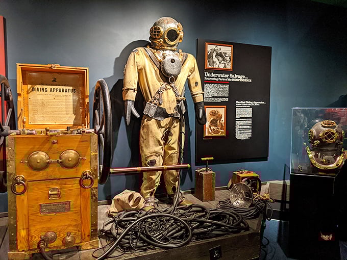 Dive into history without getting wet! This old-school diving suit looks like it could be Buzz Lightyear's great-grandfather.