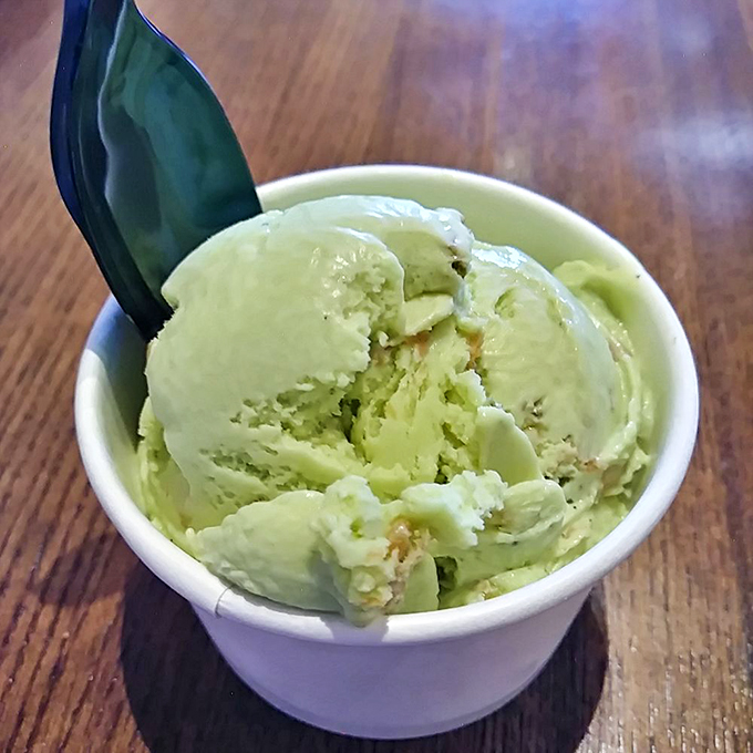 Pistachio perfection! This scoop is greener than a health guru's smoothie and twice as satisfying.