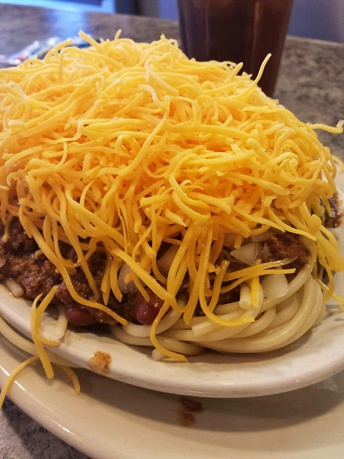 Behold the legendary 5-way chili! It's like a culinary Jenga tower &ndash; precarious, yet perfectly balanced.