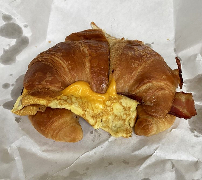Croissant goals: achieved. Buttery, flaky, and stuffed with eggy, cheesy goodness &ndash; it's like a hug for your taste buds.