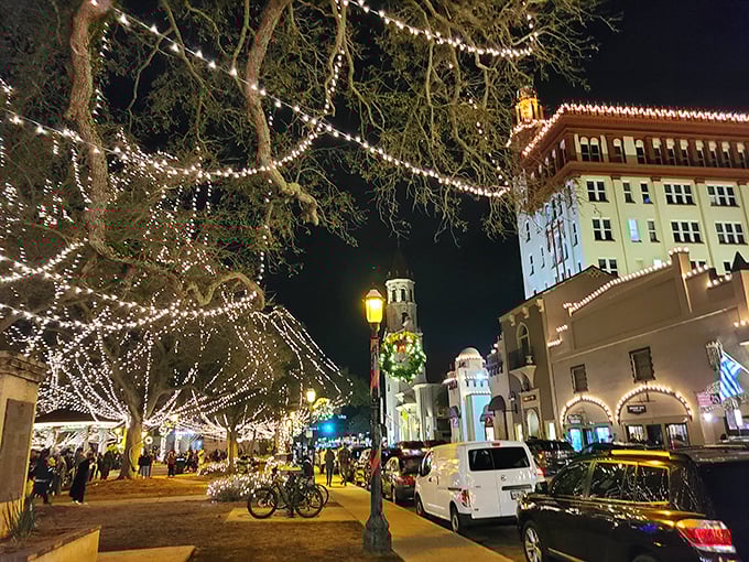 Downtown St. Augustine: where history meets electricity in a dazzling dance. It's like stepping into a Thomas Kinkade painting, but with more palm trees.