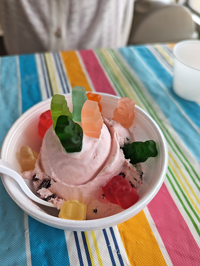 Gummy bears on vacation! These colorful candies take a dip in cool, creamy ice cream for a textural twist that'll make you giggle.