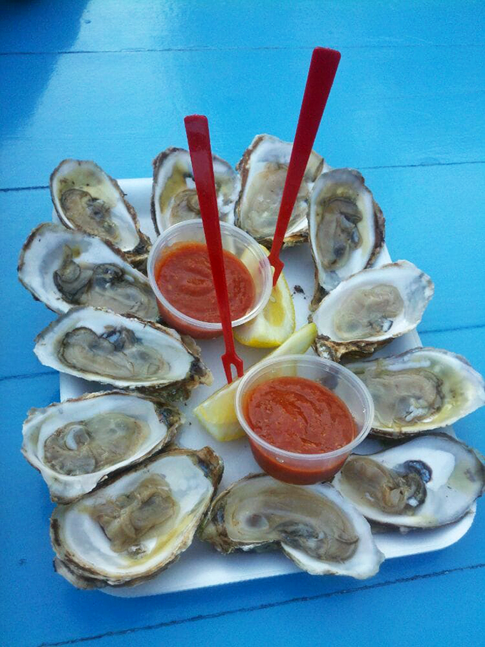 Oysters, assemble! These briny beauties are lined up like pearls, ready to slide down your throat with a zingy sauce assist.