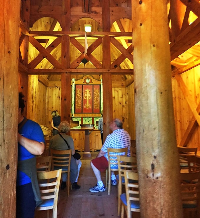 Pew with a view! These lucky folks are getting front-row seats to a slice of Norway in the heart of Wisconsin.