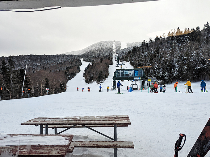 Apres-ski central! When the slopes close, Sugarbush's base area comes alive. It's like a block party, but with more Gore-Tex and fewer grass stains.