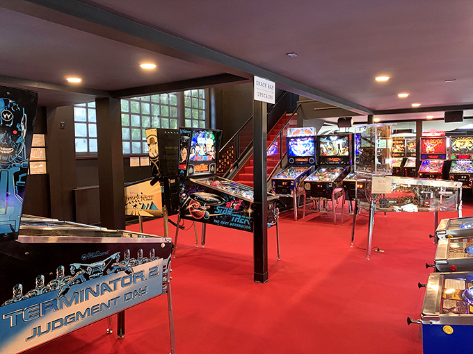 Red carpet treatment for silver balls. These stairs lead to pinball nirvana, no formal attire required.