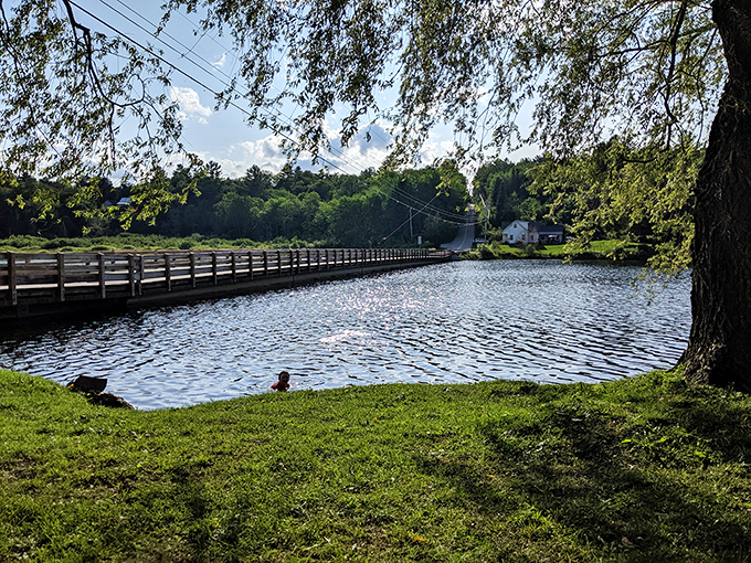 The bridge frames a perfect Vermont summer scene, where willow branches dance with their reflections in the water.