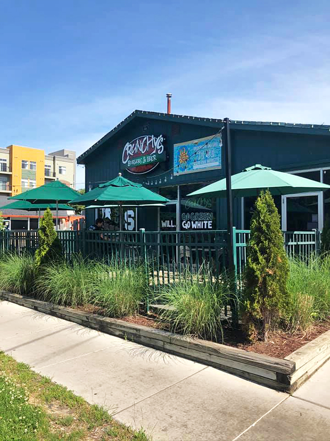 Green means go... for grub! Crunchy's vibrant exterior hints at the lively atmosphere inside.