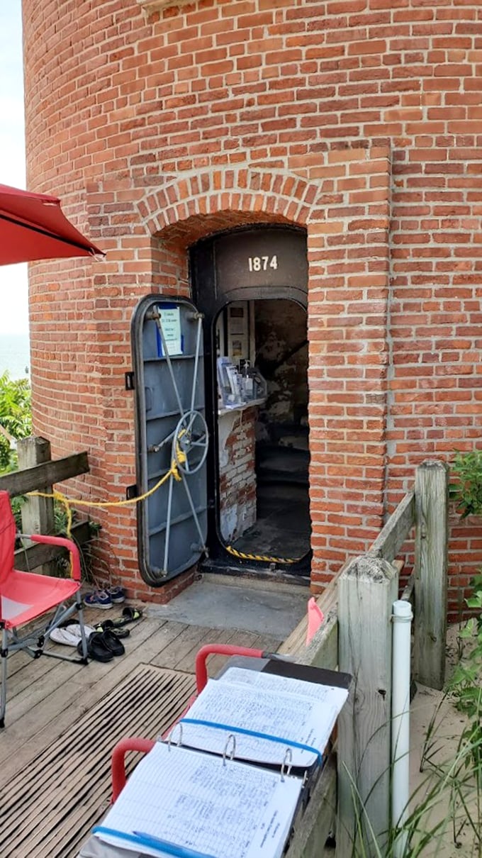 Solo act extraordinaire! This brick tower stands alone on the beach, auditioning for the lead role in "Lighthouse: The Musical."