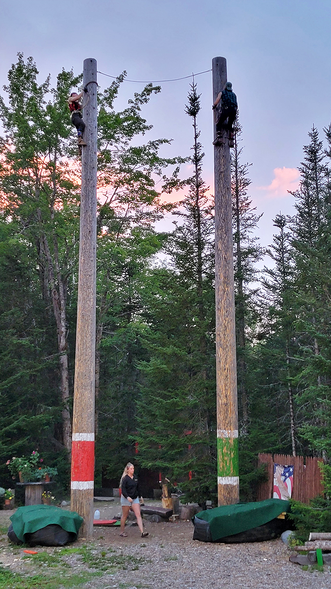 Timber! The Great Maine Lumberjack Show's sign promises more action than a Chuck Norris movie marathon.