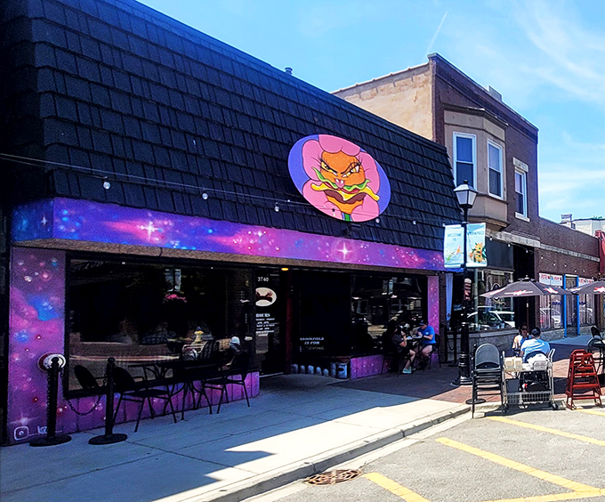 Navigate to nirvana! Burger Antics' colorful exterior is a beacon for burger-loving road trippers.