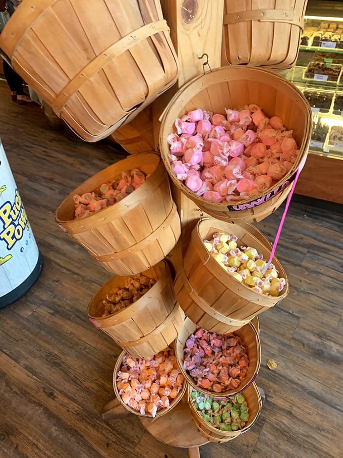 Wooden barrels of joy! These rustic containers overflow with colorful candies, like pirate treasure chests for the sweet-toothed buccaneer in all of us.