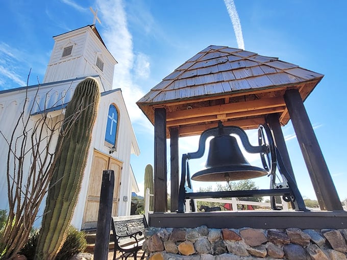 For whom the bell tolls: It tolls for thee, Elvis fans! This chapel bell rings out across the desert, calling all hound dogs to come worship at the altar of rock 'n' roll.