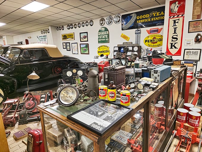 Grease monkey heaven! This collection of vintage tools and memorabilia is like a time capsule from the golden age of hot rodding.
