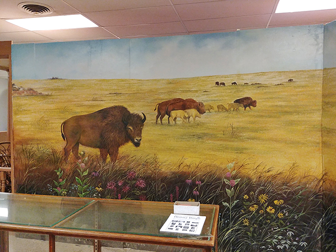"Where the buffalo roam&hellip; and pose for portraits." This mural brings the prairie to life, no binoculars required.