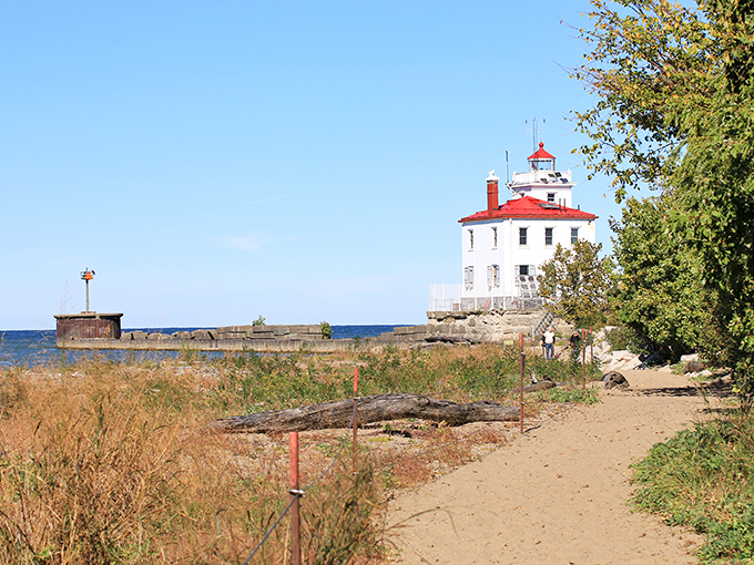 "Beach, lighthouse, and blue skies &ndash; oh my! This scene is like a Bob Ross painting come to life, minus the happy little trees."