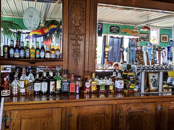 Bottles, bottles everywhere, and plenty of drops to drink! This bar's so well-stocked, it could outlast a pirate's longest voyage.
