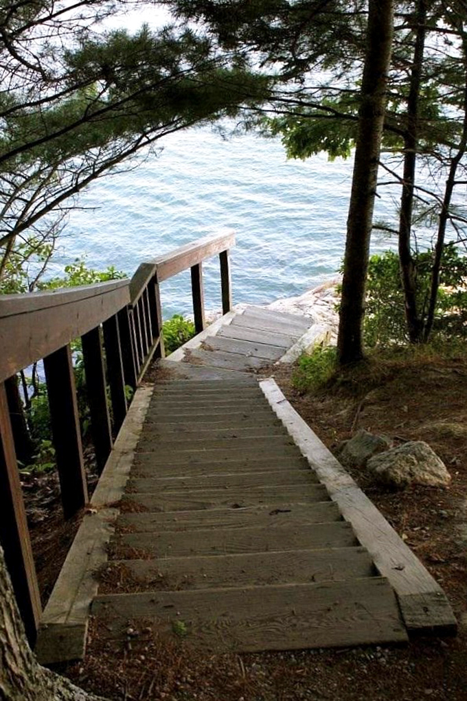 Stairway to heaven? Nope, just a picturesque descent to Maine's coastal paradise. Mind that first step!