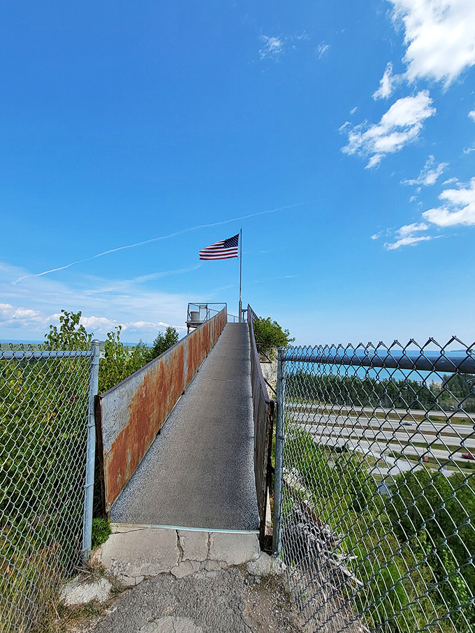 "Old Glory waves hello from Michigan's rocky crown!" The American flag adds a patriotic touch to this natural wonder's summit.