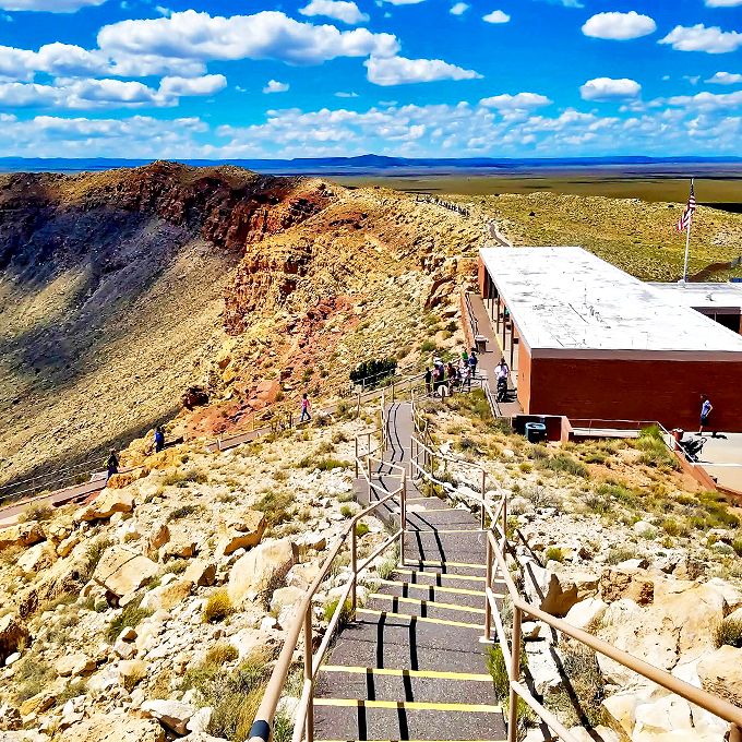 Crater explorers unite! This viewing platform offers a front-row seat to one of nature's most impressive hole-in-ones.
