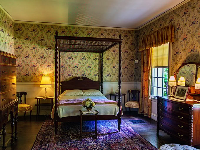 Sweet dreams are made of this! A bedroom fit for presidential slumbers, where even the wallpaper whispers tales of yesteryear.