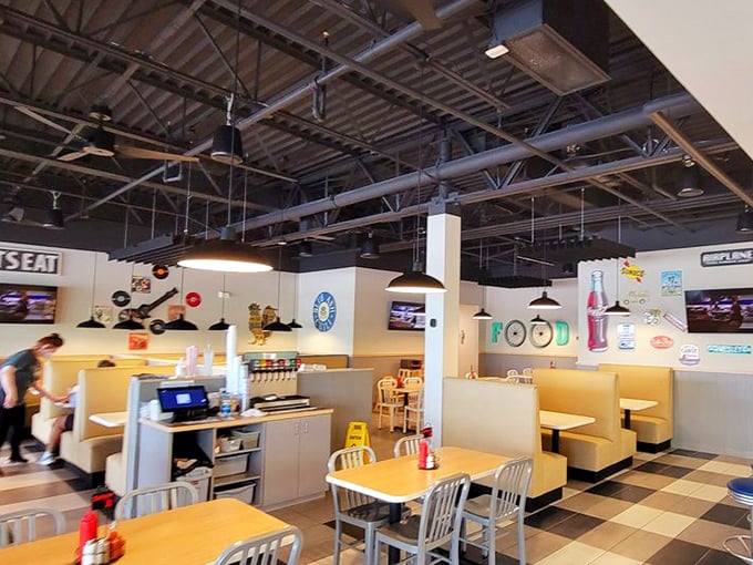 Retro vibes and comfort food collide in this dining area. It's like eating in your cool grandma's kitchen &ndash; if grandma was a gourmet chef.