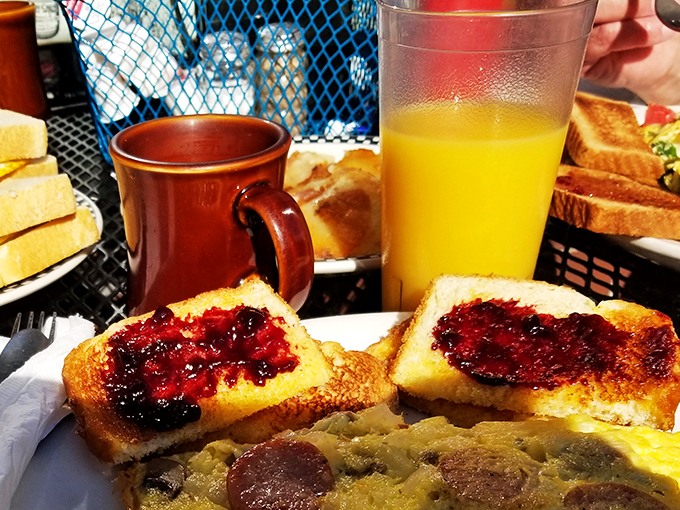 Toast to good times! Nothing says "rise and shine" quite like golden toast, jam, and a breakfast spread that could make the Mona Lisa smile.