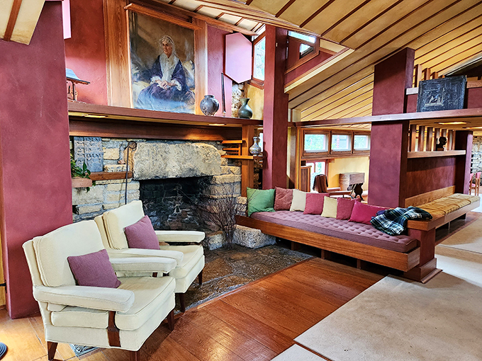 The hearth of the matter: Wright's cozy corner. This fireplace could warm even the chilliest Wisconsin winter... or debate about brutalism.